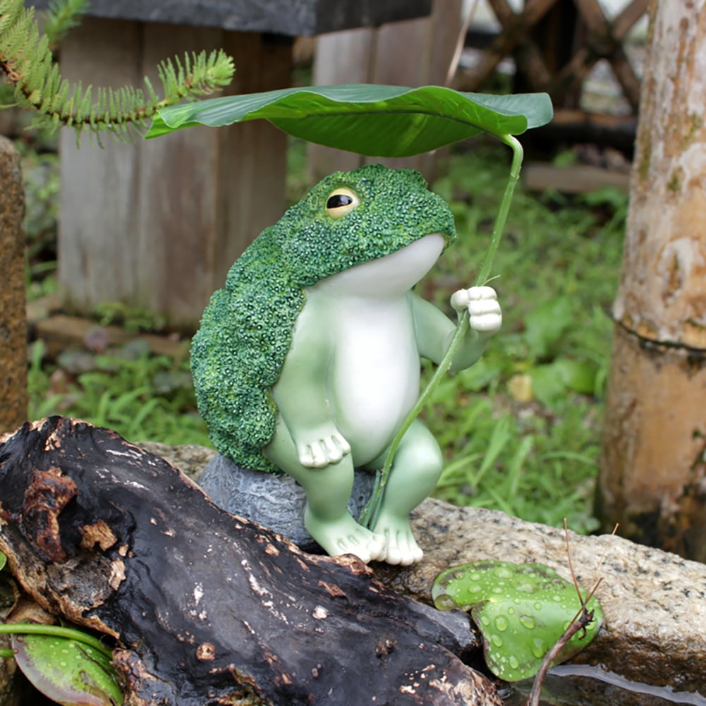 Garden Broccoli Frog Statue, Outdoor Broccoli Frog Holding Lotus Leaf ...