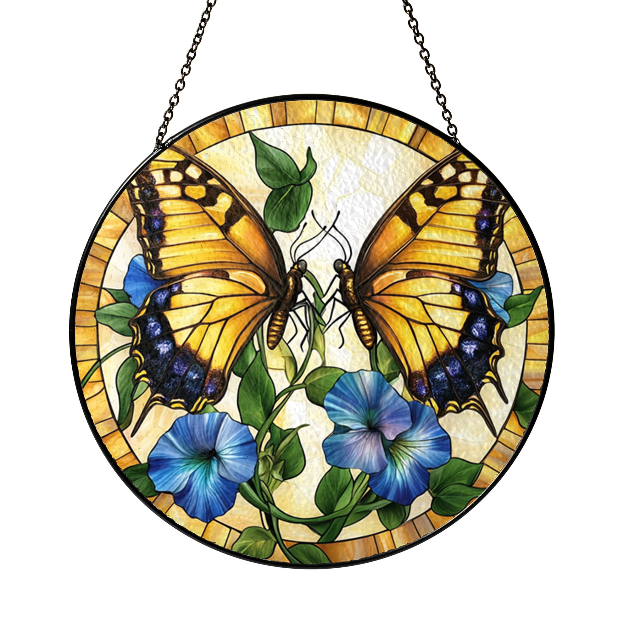 Garden Butterfly and Blue Blooms Round Stained Glass Suncatcher ...