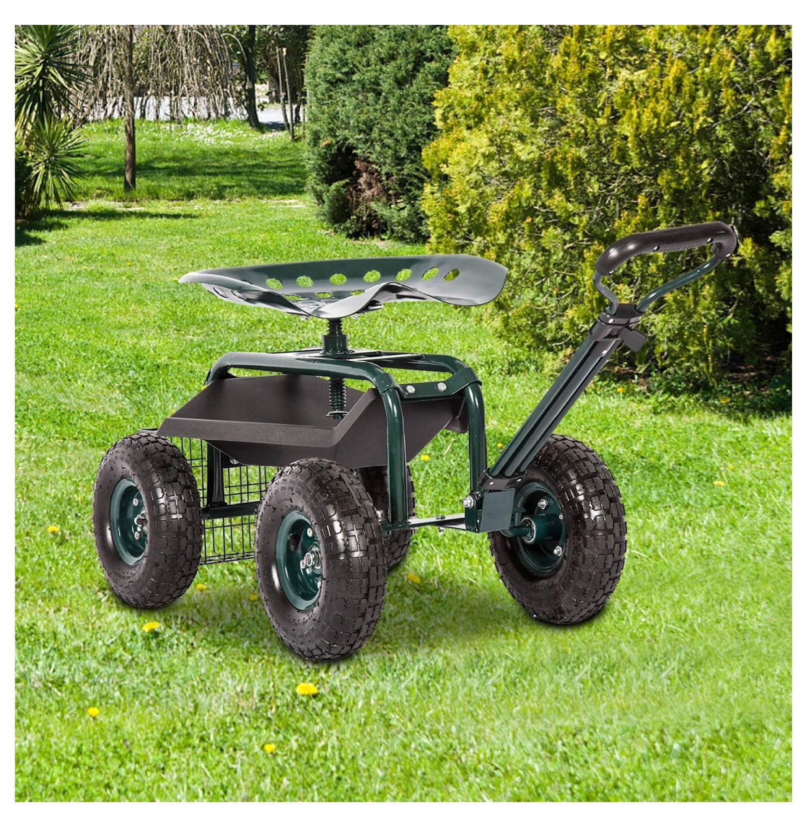 Garden Cart Rolling Work Seat Patio Wagon Scooter with Tool Tray Basket ...