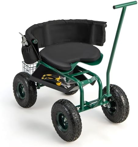 Garden Cart with Seat, Gardening Rolling Stool Scooter w/ 10’’ All ...