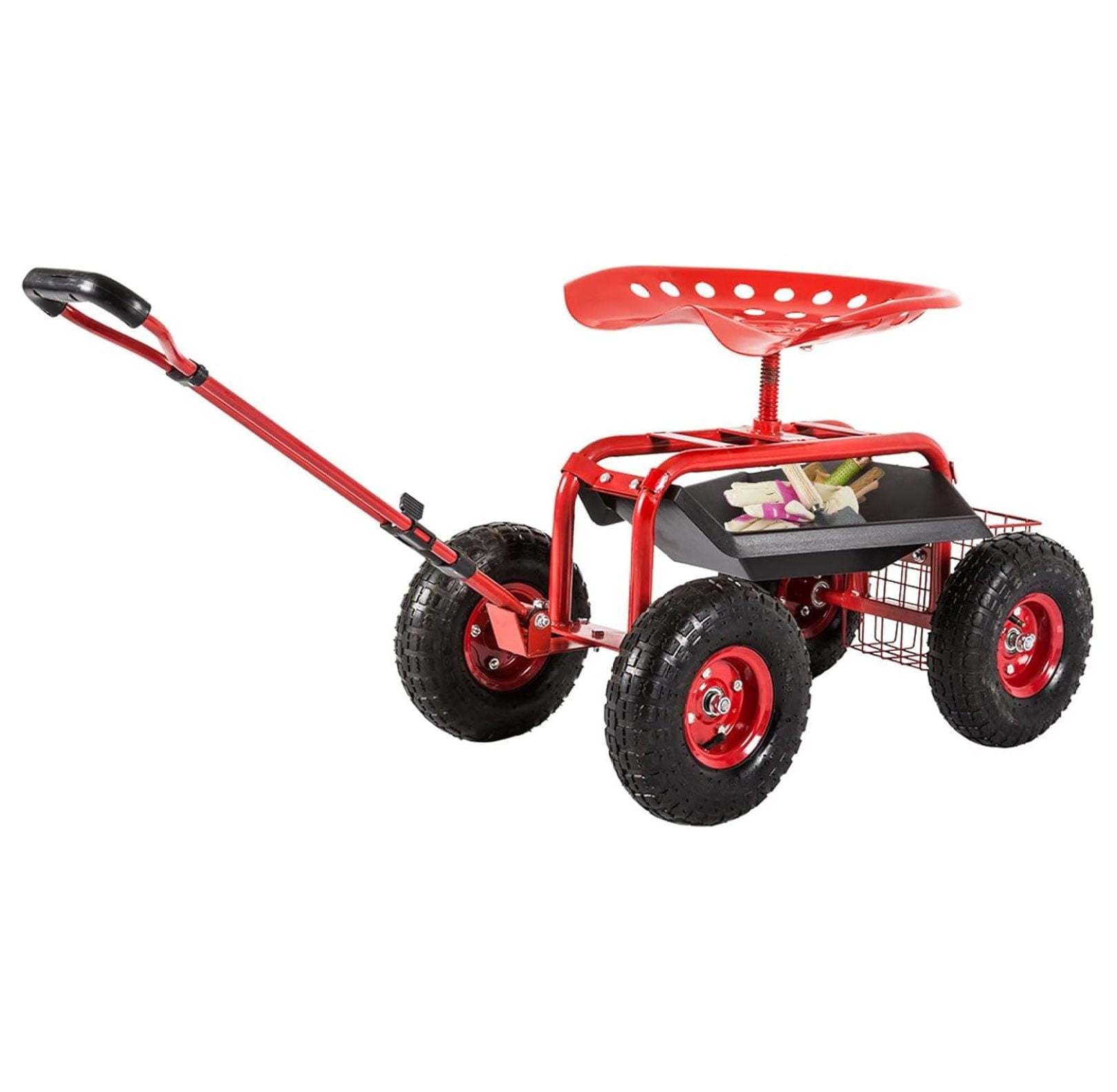 Garden Cart Seat Rolling Scooter Wagon with Extendable Steering Handle ...