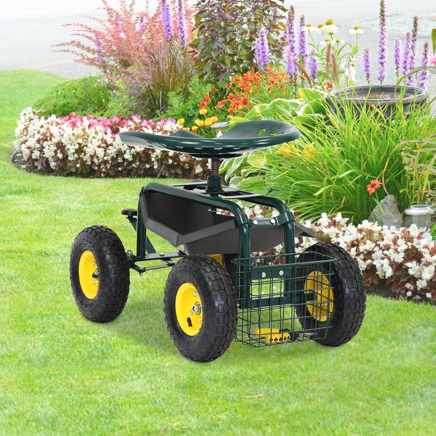 Garden Cart with Seat, Wagon Cart Rolling Scooter for Planting, Patio ...
