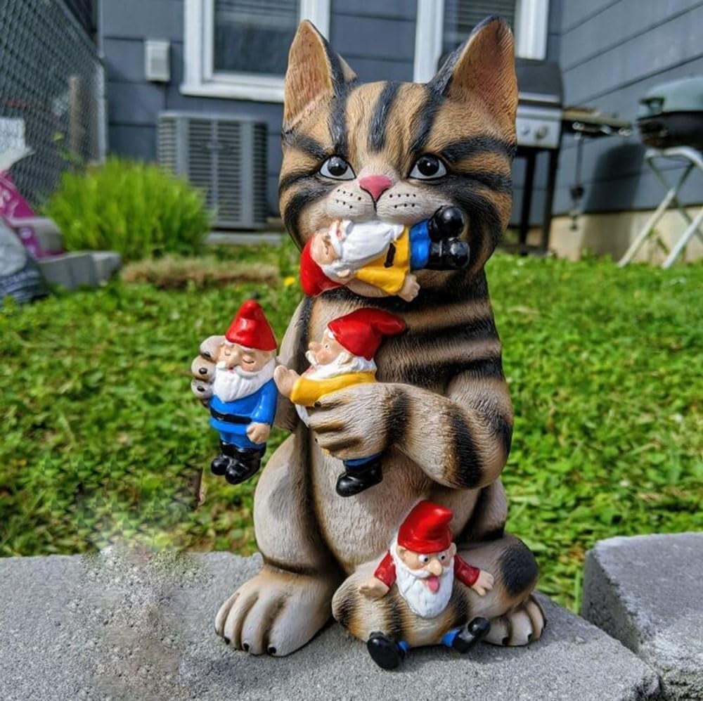 Garden Cat Eating Gnomes Massacre Statues Decor,Sturdy Funny Garden ...