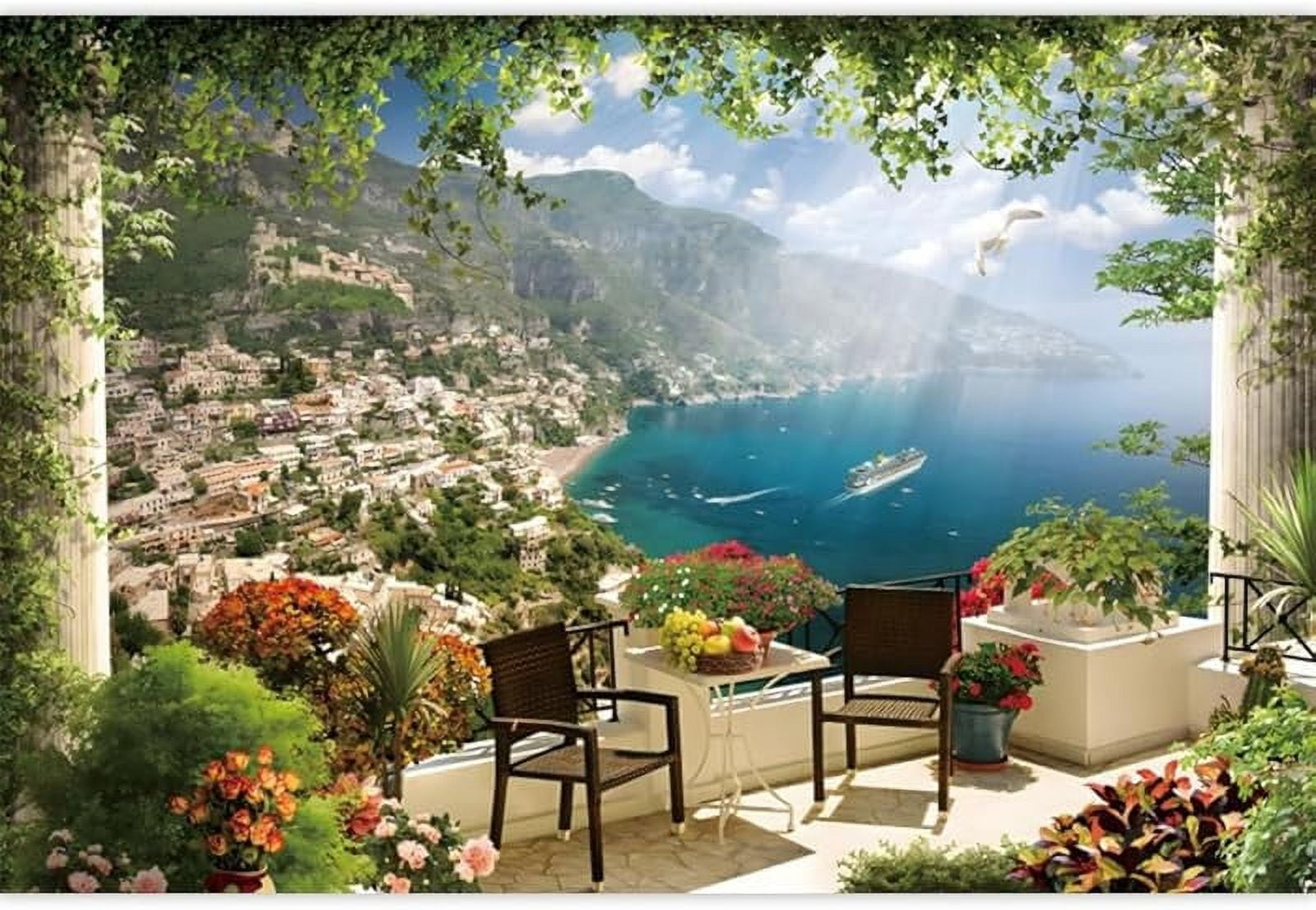 Garden Coastal City Backdrop Terrace View of Mediterranean Bay ...