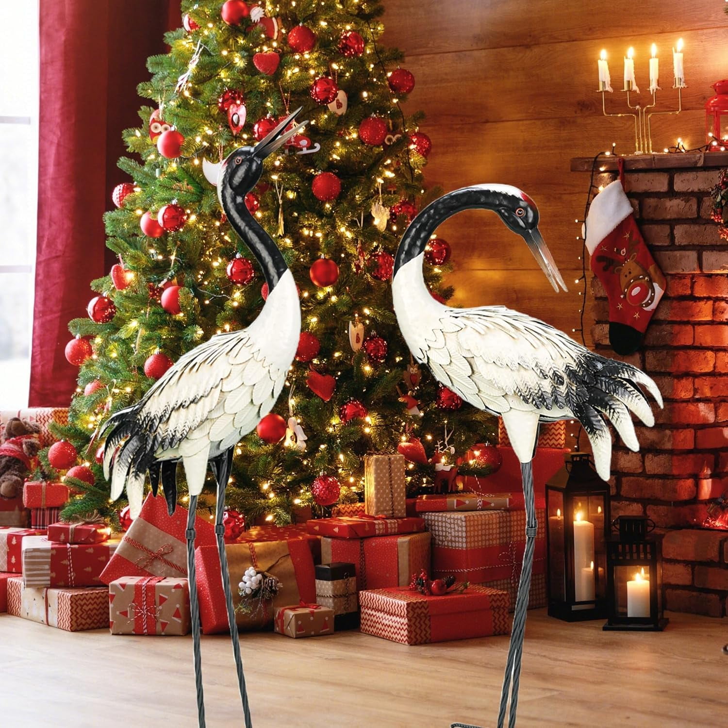Garden Crane Statues Outdoor Heron Red Crowned Crane Metal Yard Art ...