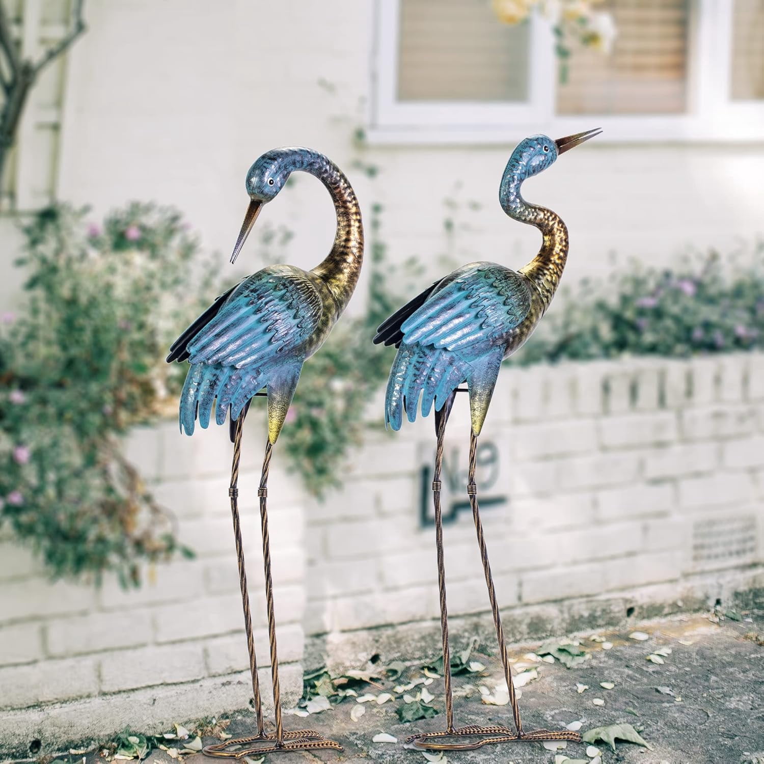 Garden Crane Statues Outdoor, Standing Blue Heron Decoy Sculptures ...