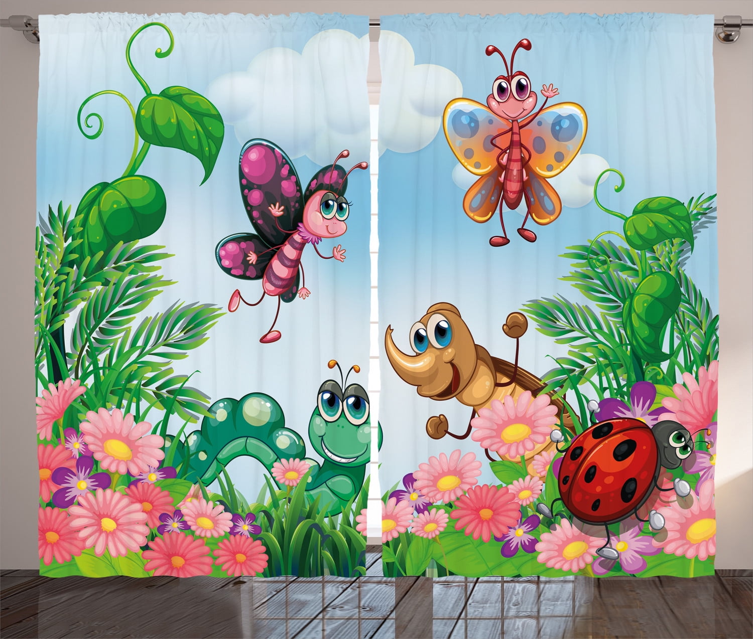 Ambesonne Garden Curtains 2 Panel Set, Butterfly Ladybug Worm, 108" x ...