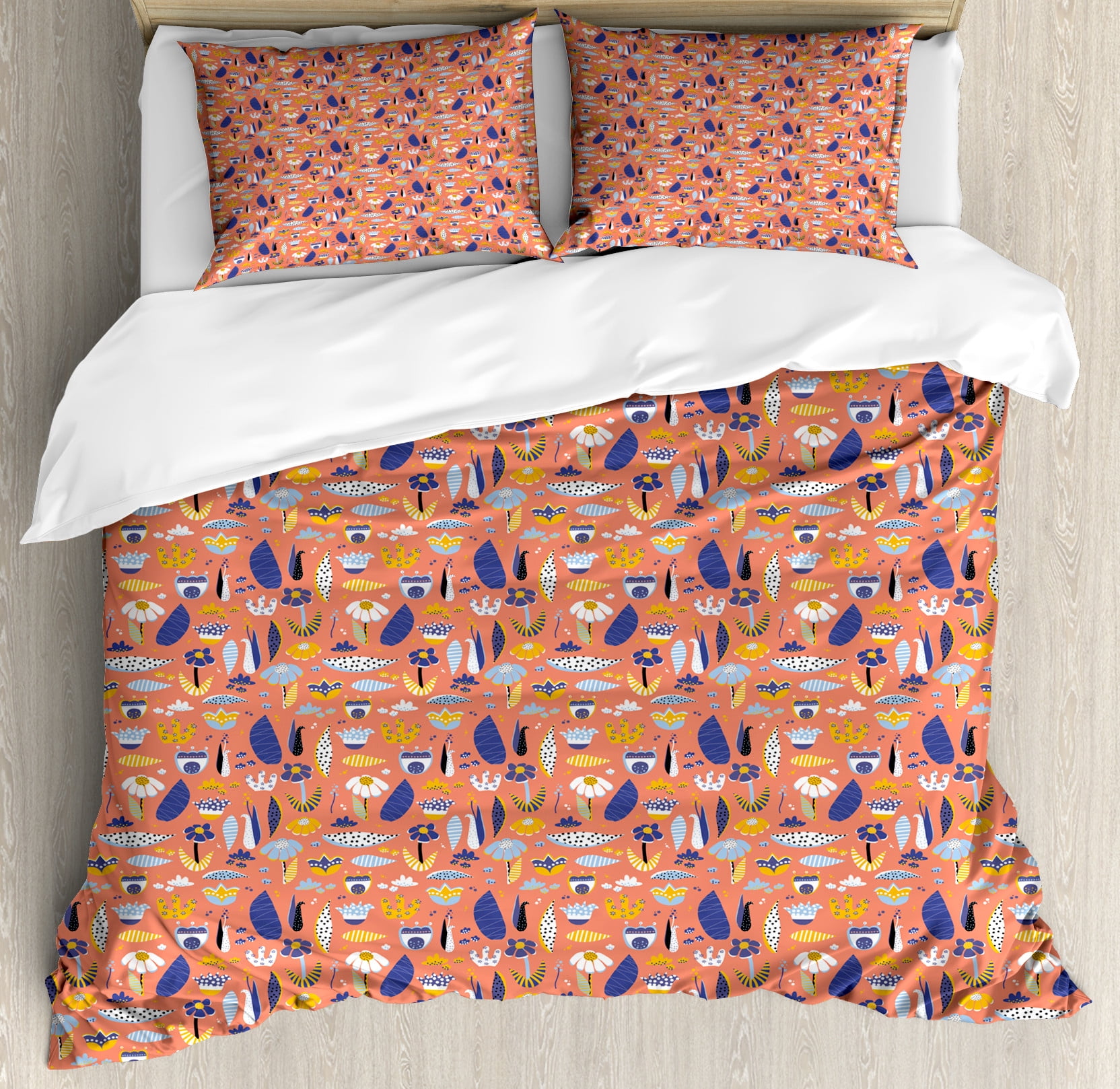 Garden Duvet Cover Set, Daisy Aster Blossoms Forest Leaves Happy Spring ...