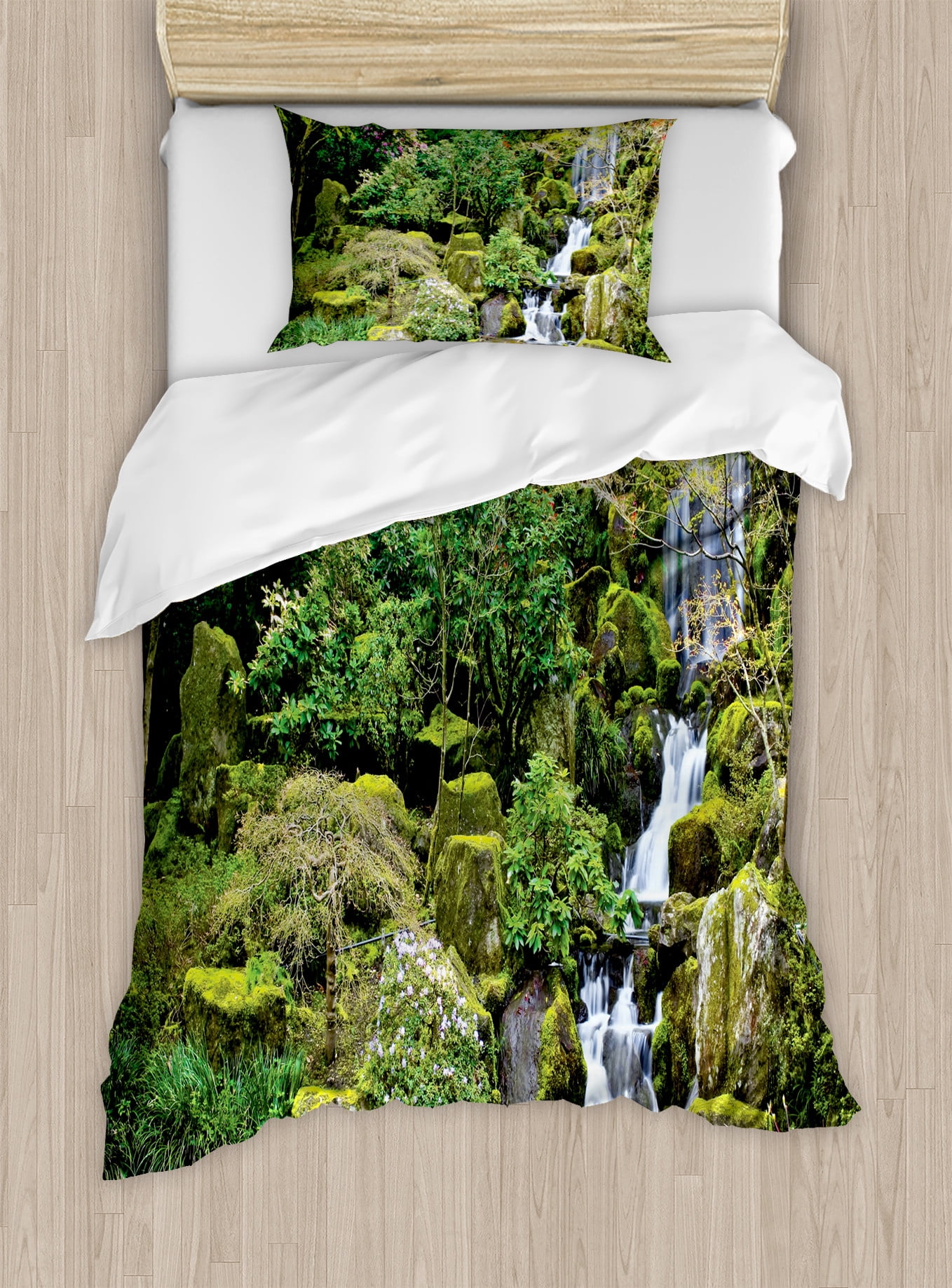 Garden Duvet Cover Set, Pond in Style Garden Arboretum Trees Bush ...