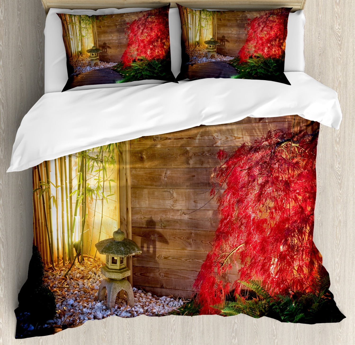 Garden Duvet Cover Set Queen Size, Japanese Stone Lantern and Red Maple ...