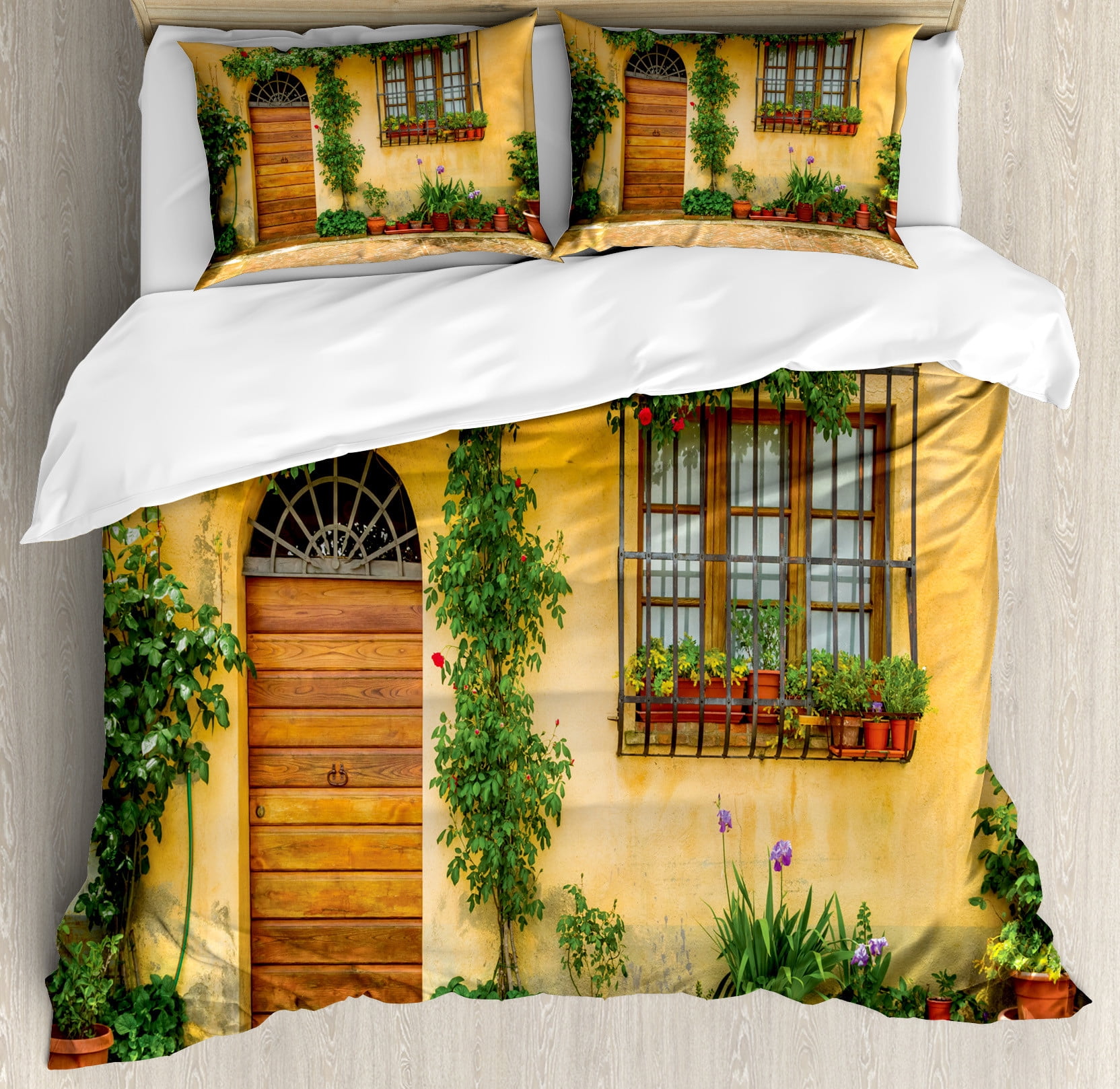 Garden Duvet Cover Set, Still Life Photo of Old House's Interior Floral ...