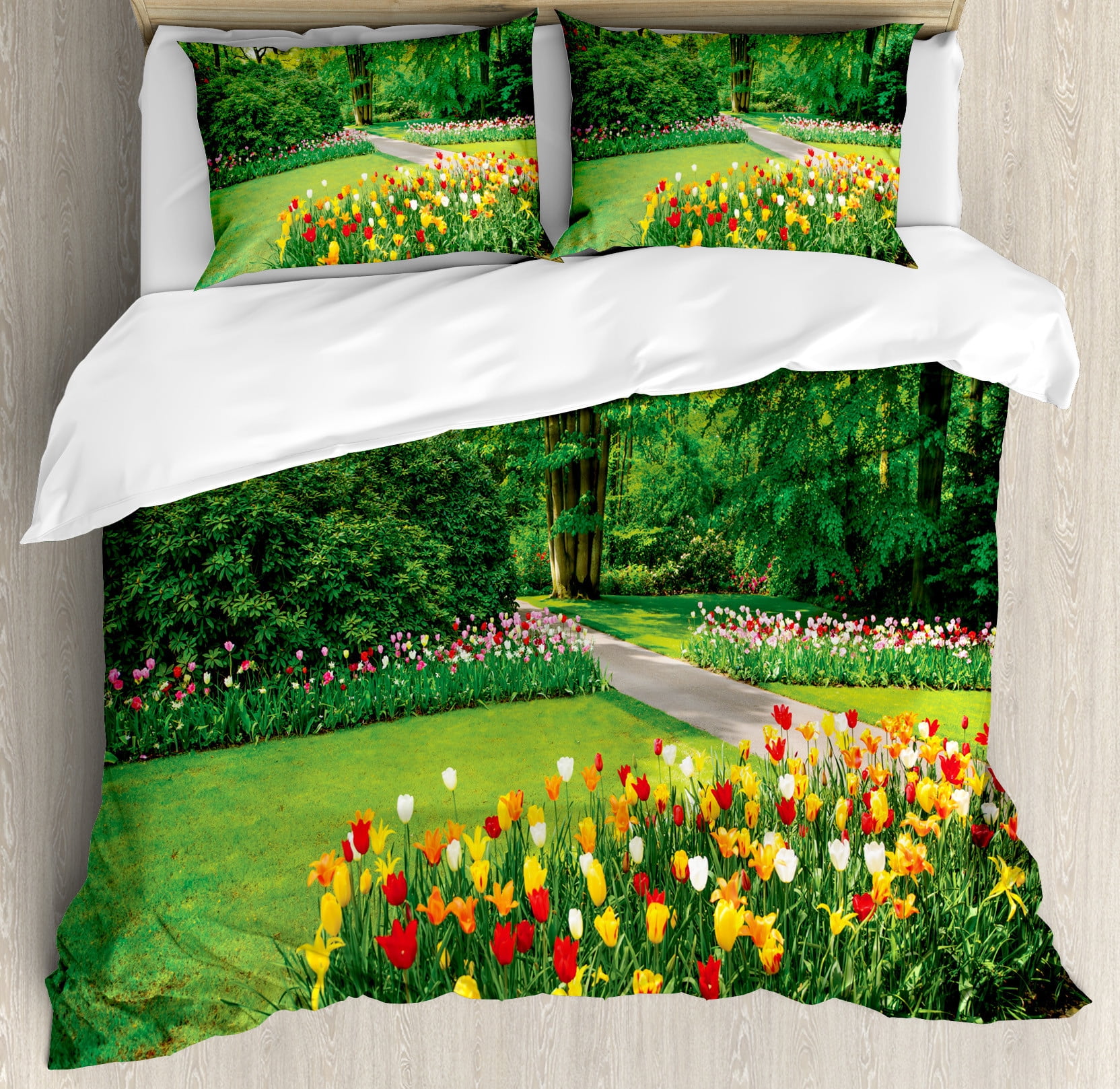 Garden Duvet Cover Set, Garden with Tulip Flowers and Trees Springtime ...