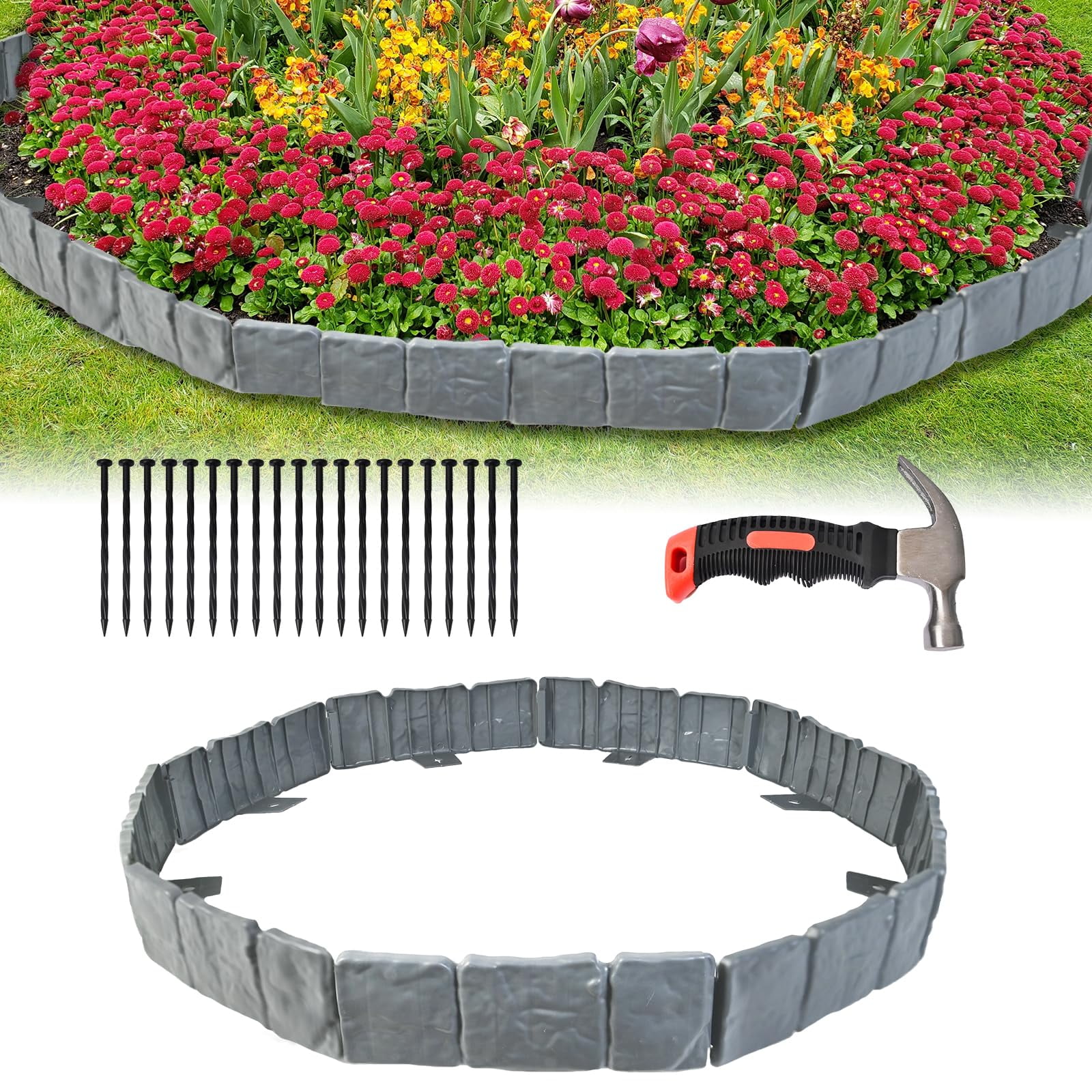 Garden Edging Border,16 FT Imitation Stone Effect Garden Lawn Border with Anchoring Spikes,No ...