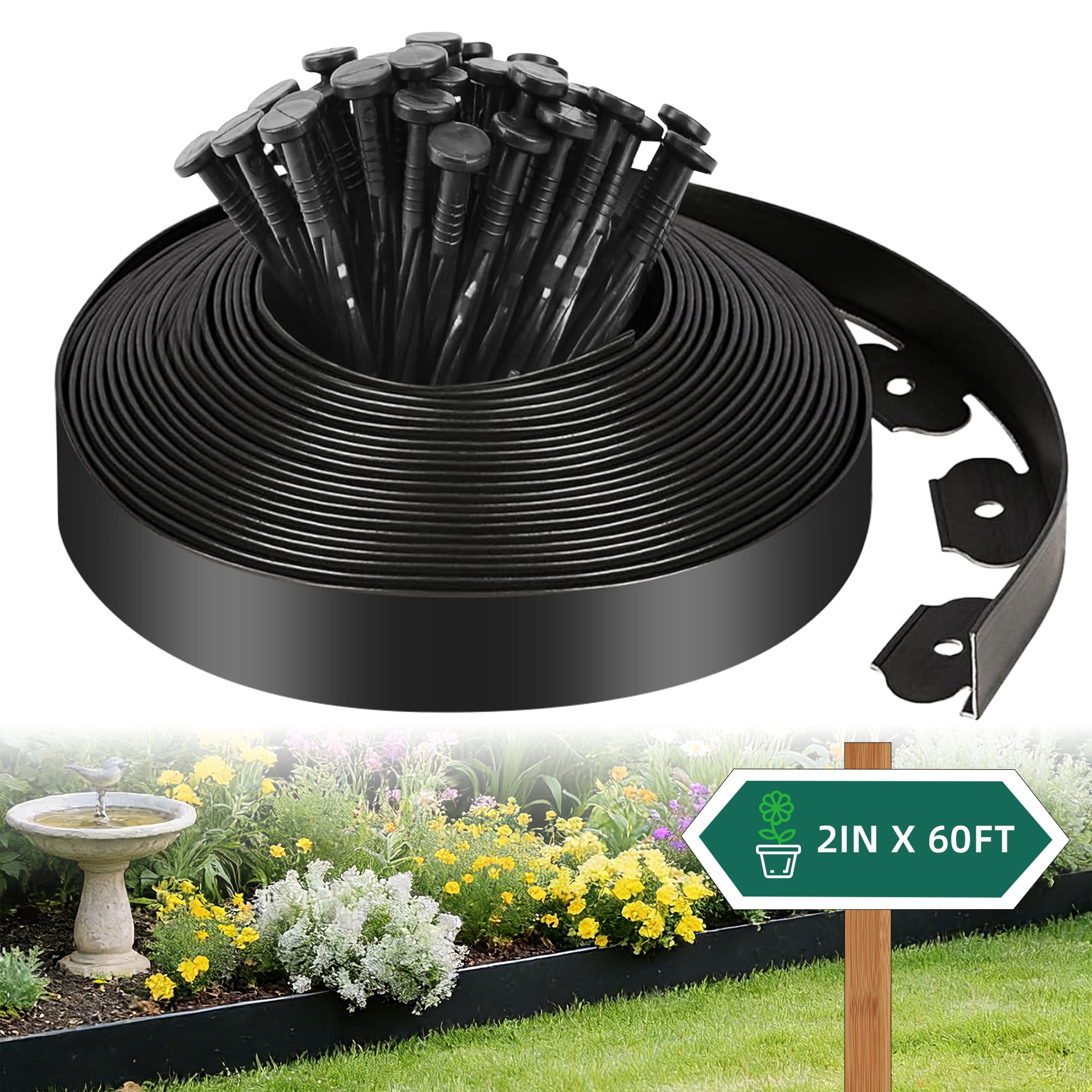 Garden Edging Kit with 54 Pcs Spikes, 2 inch Tall 60 ft Landscape ...