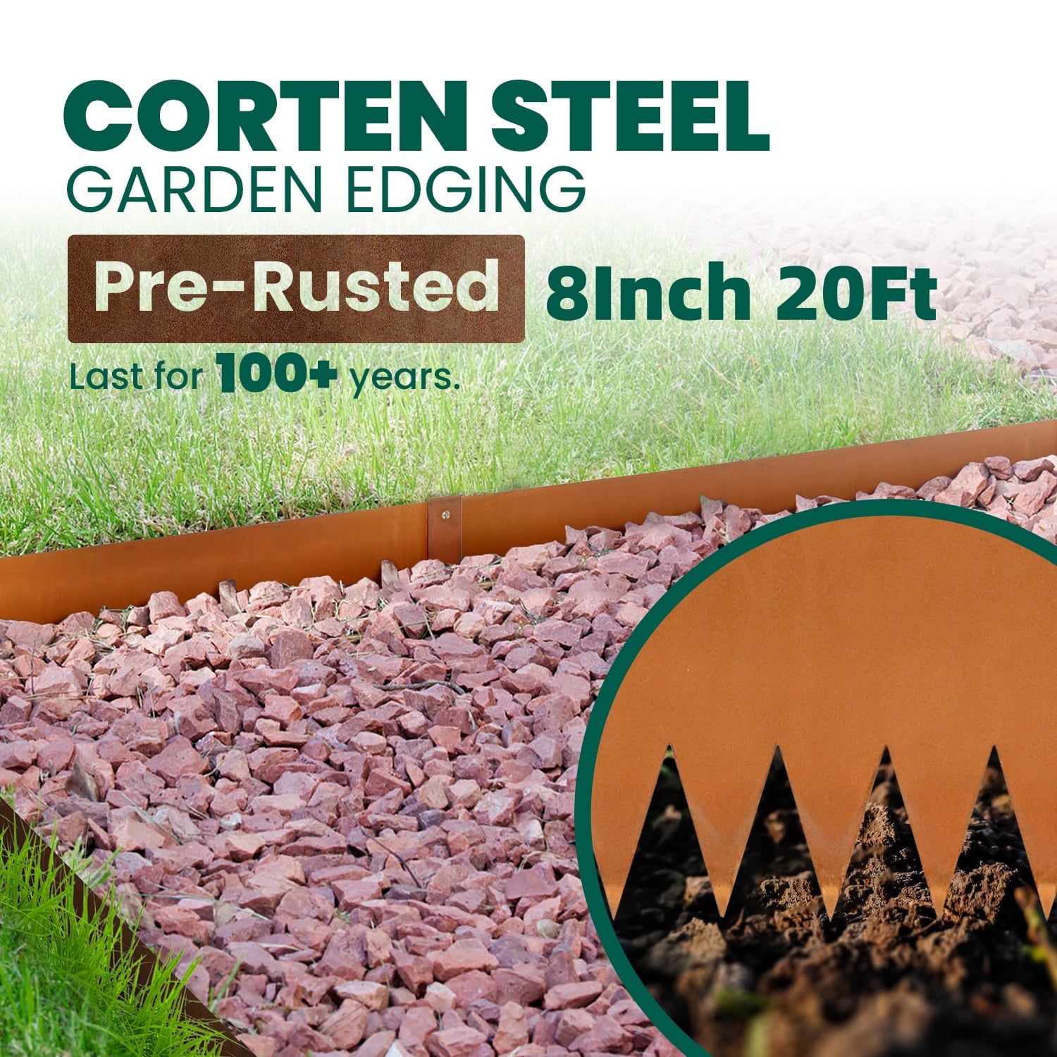 Corten Steel Garden Edging, 8" Rusty Brown Landscape Border - Bendable ...