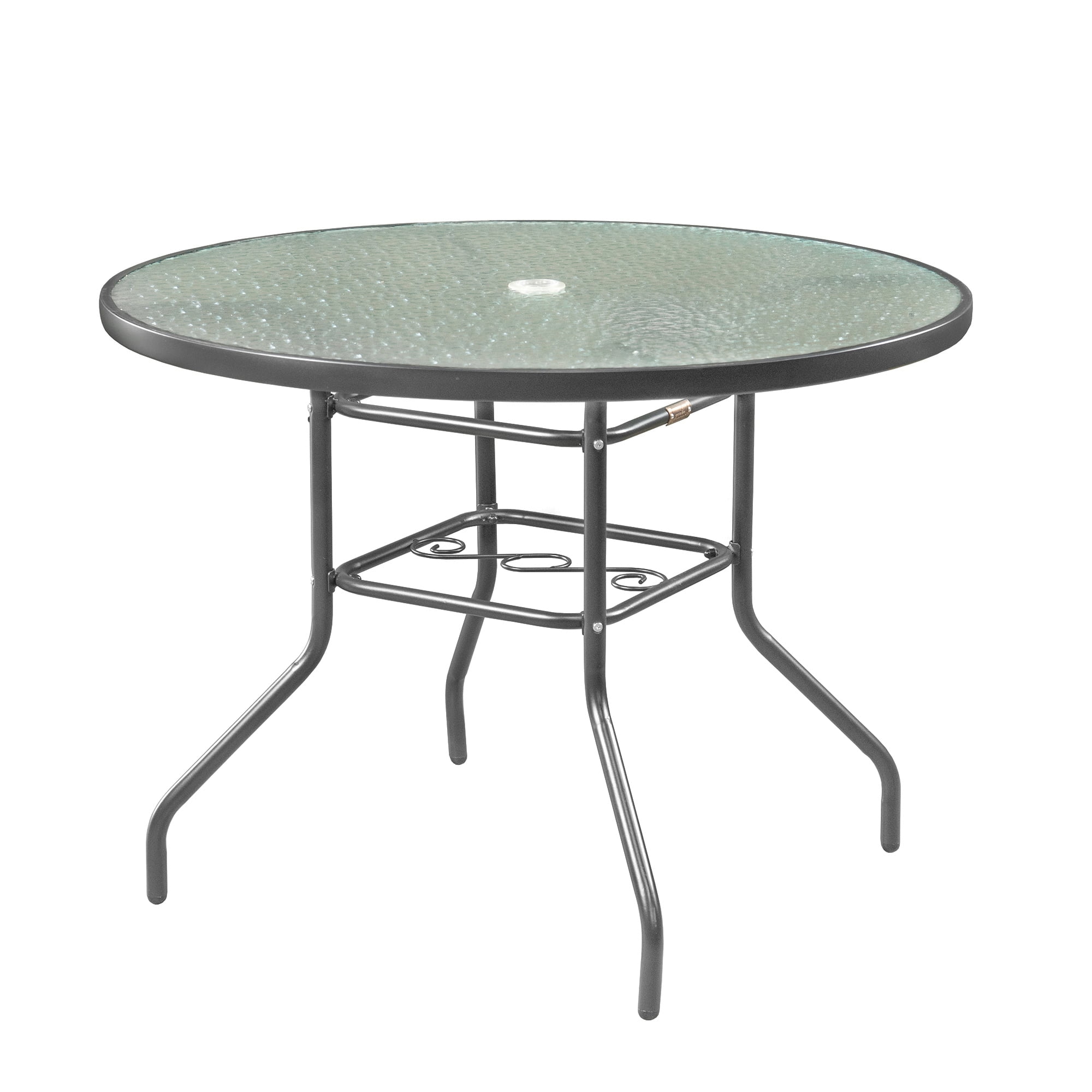 Garden Elements Outdoor Sienna Metal Gray Round Patio Glass Top Table ...