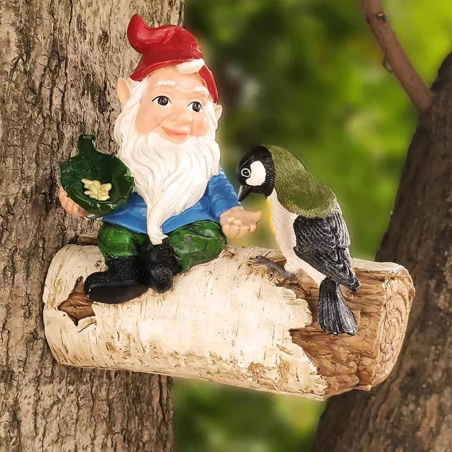 Garden fairy tale gnome bird feeding statue, gnome sitting garden ...