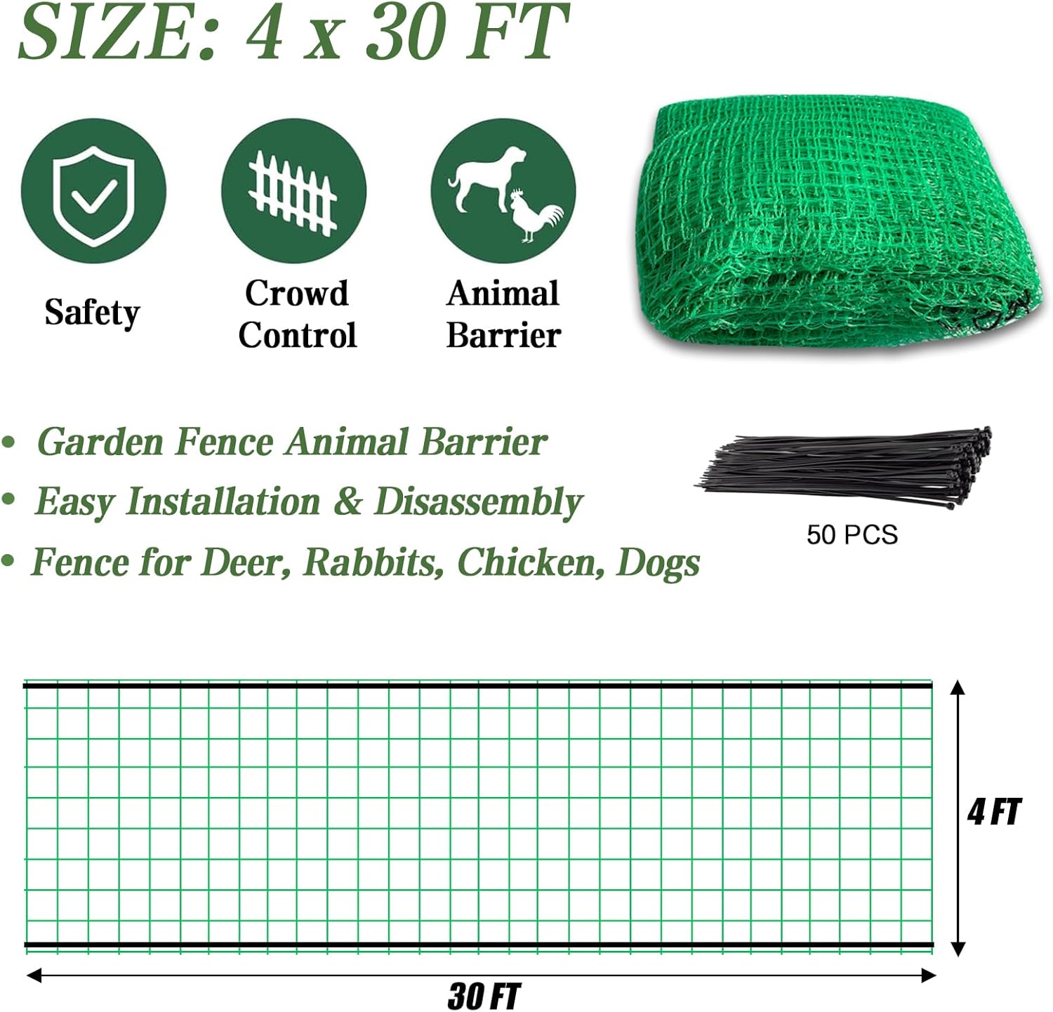 Garden Fence Temporary 4'x30' with 50 Zip Ties, Plastic Safety Fencing ...
