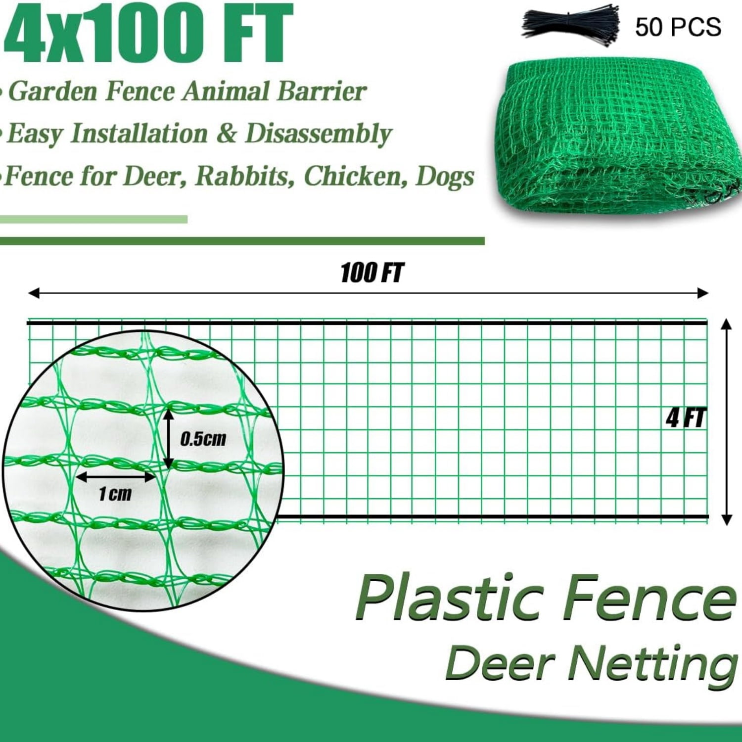 Garden Fence Temporary Fence, 4'x100' with 50 Zip Ties, Plastic Fencing ...