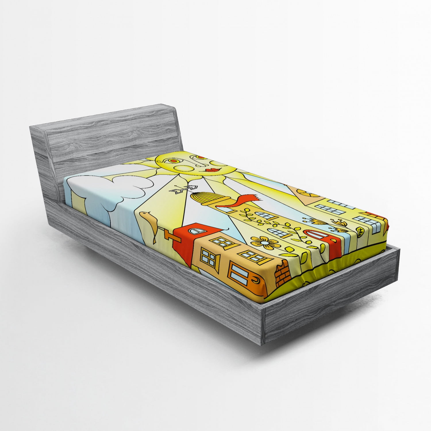 Garden Fitted Sheet, Childlike Drawing of City Under Smiling Sun ...