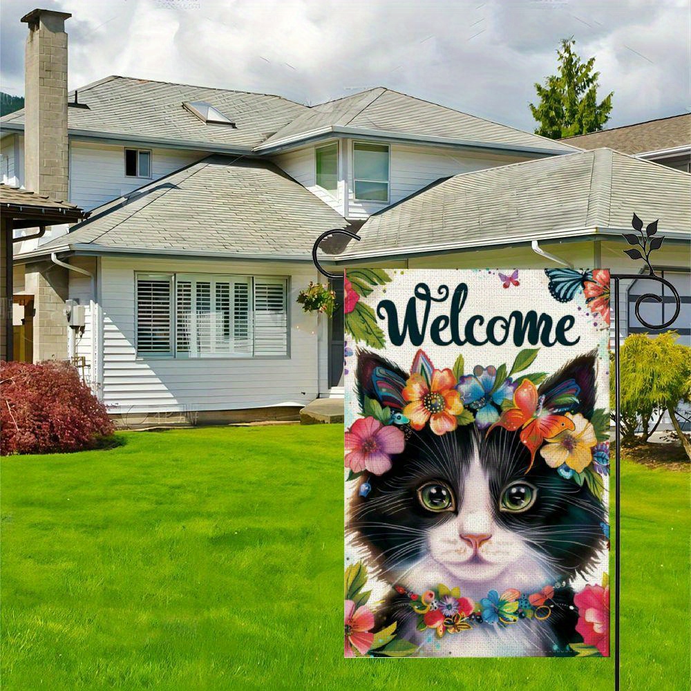 Garden Flag: Cat with Flower Wreath and Butterfly Welcome Sign ...