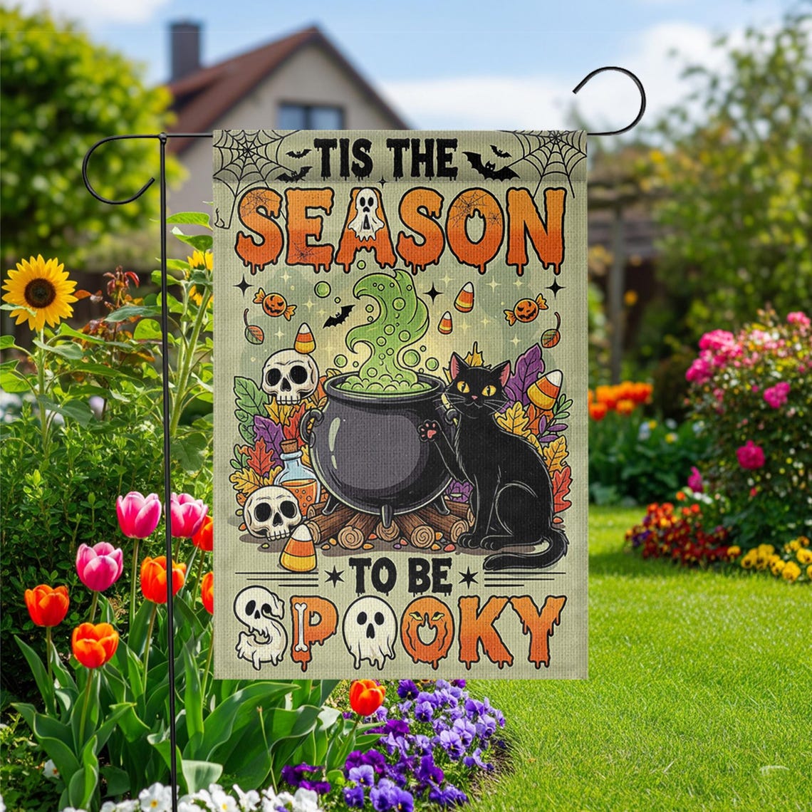 Garden Flag Cauldron Cat Flag Spooky Seasonal Outdoor Decoration, 12x18 ...
