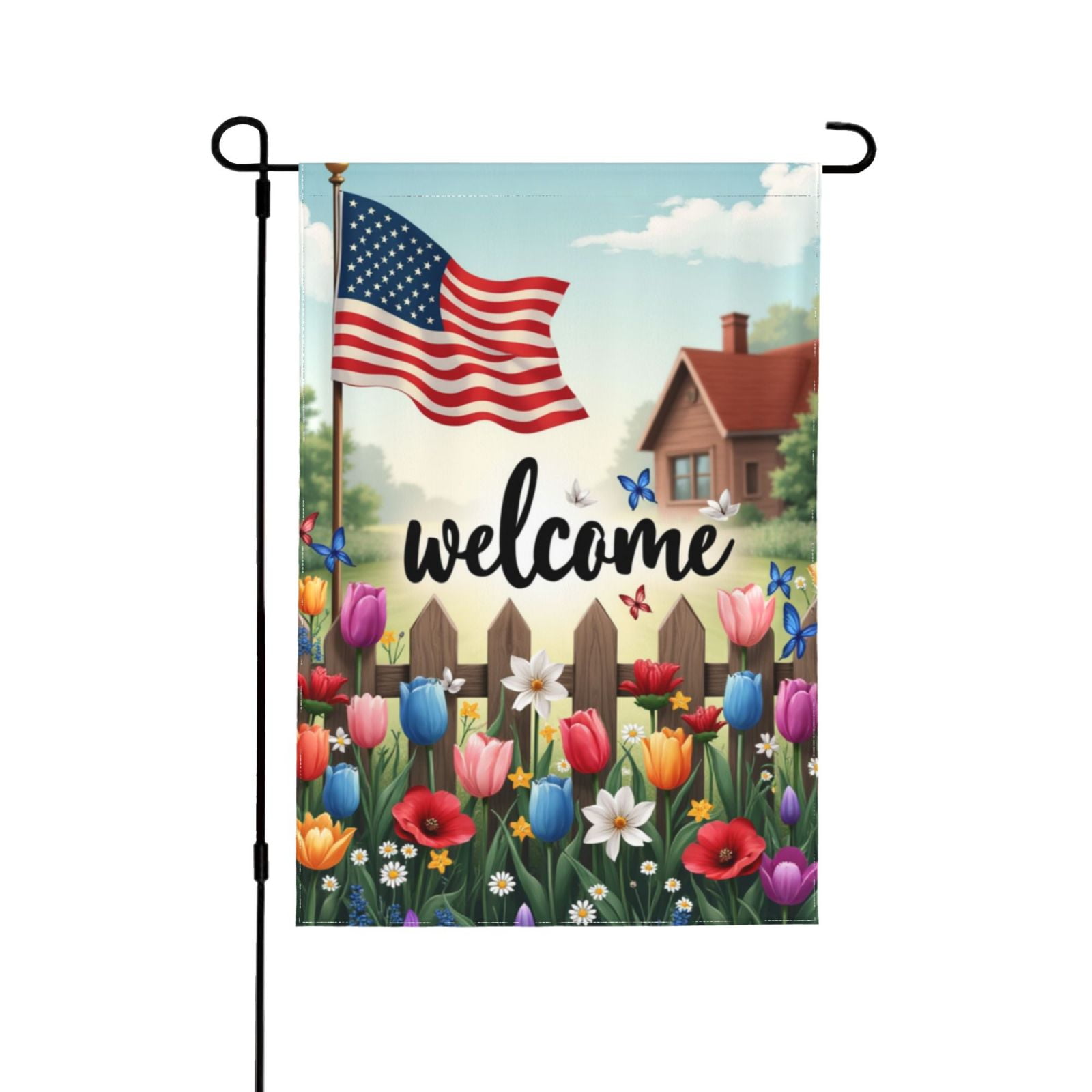 Garden Flag Double Sided American Flag In Garden With Tulips And ...