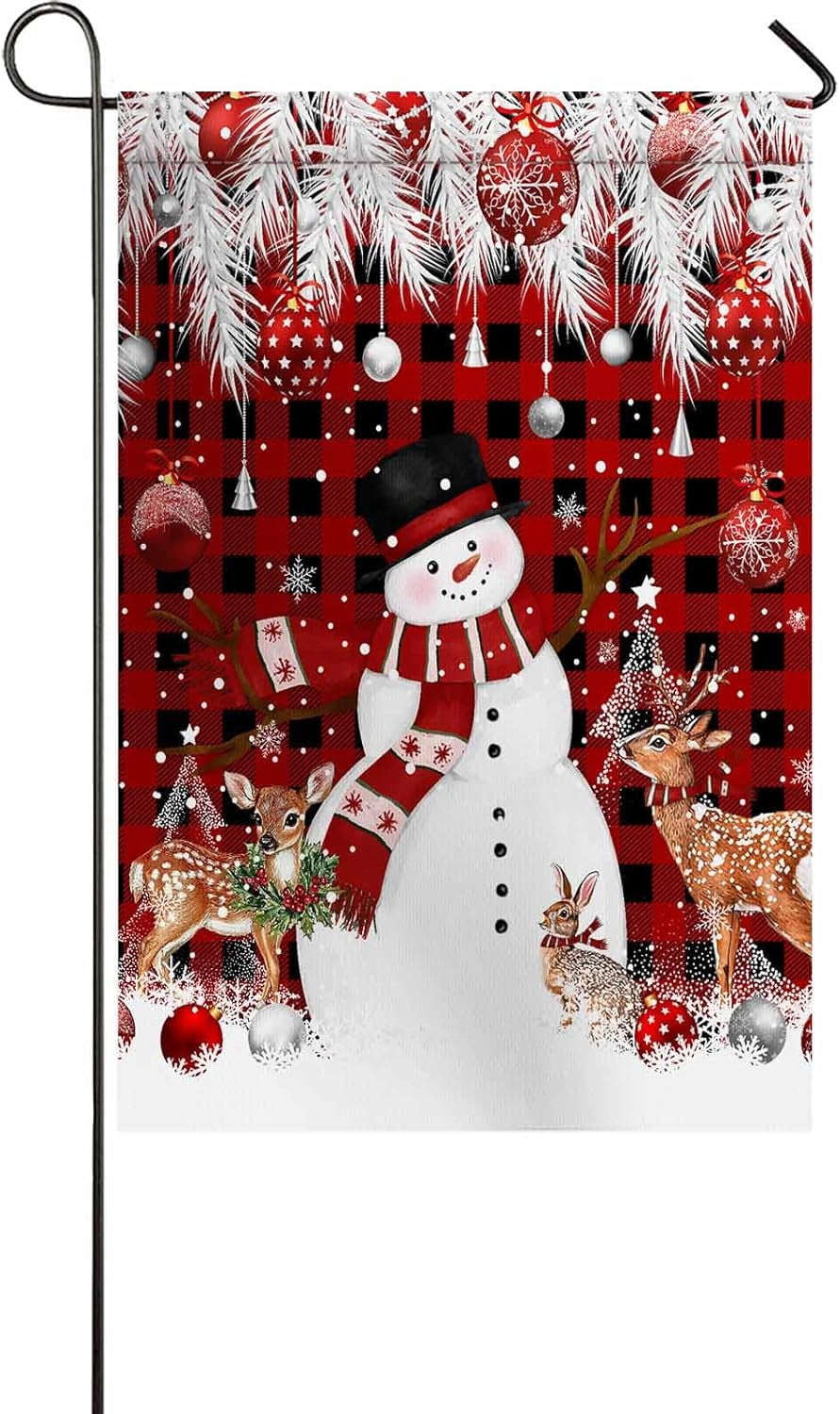 Garden Flag Double Sided Christmas Snowman Silver Pine Leaves Black Red ...
