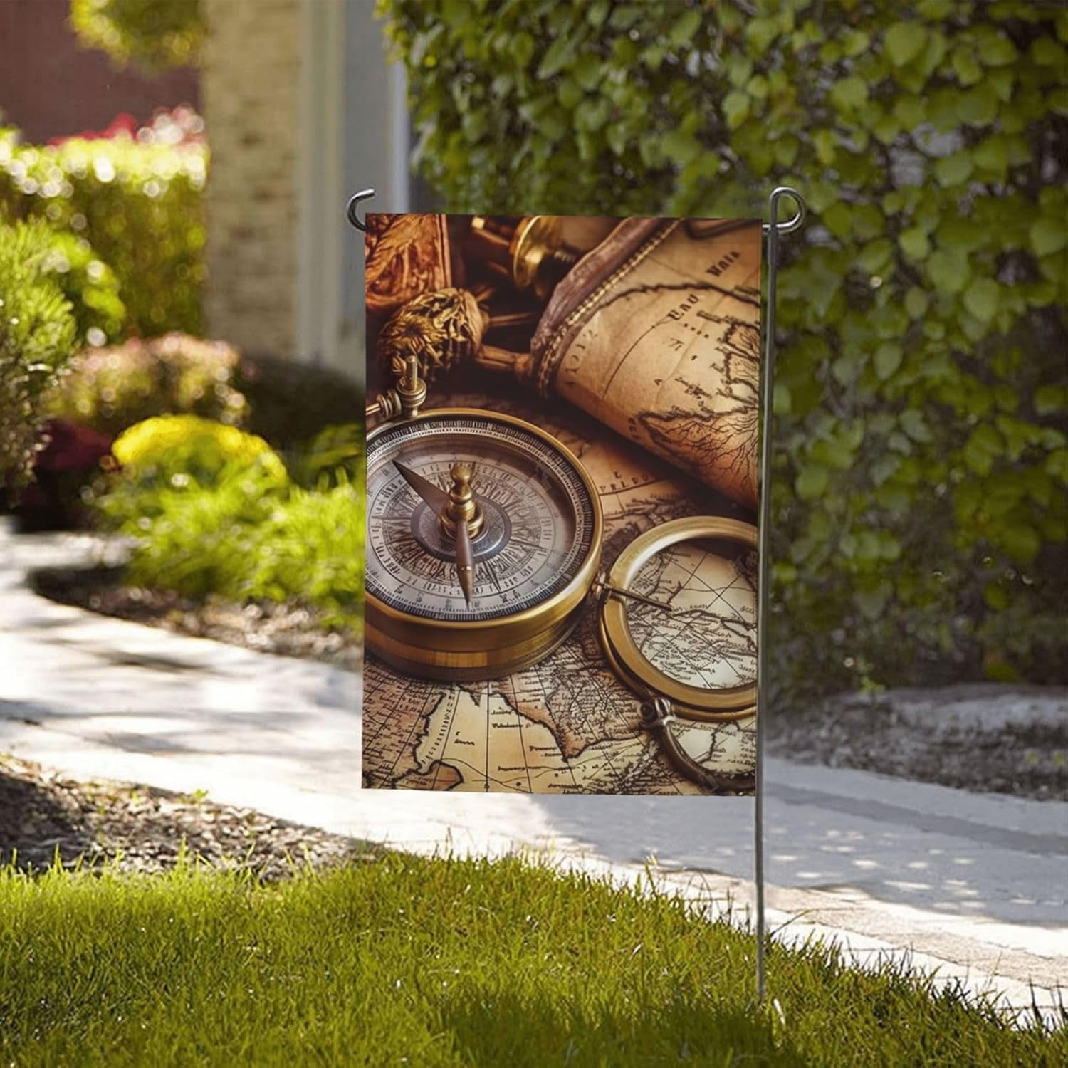 Garden Flag Double Sided Compass And Old World Map Outdoor Yard ...