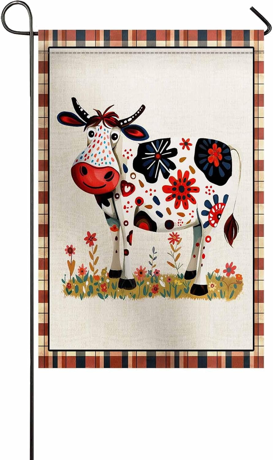 Garden Flag Double Sided Flowers Cow Cartoon Floral and Plaid Border ...