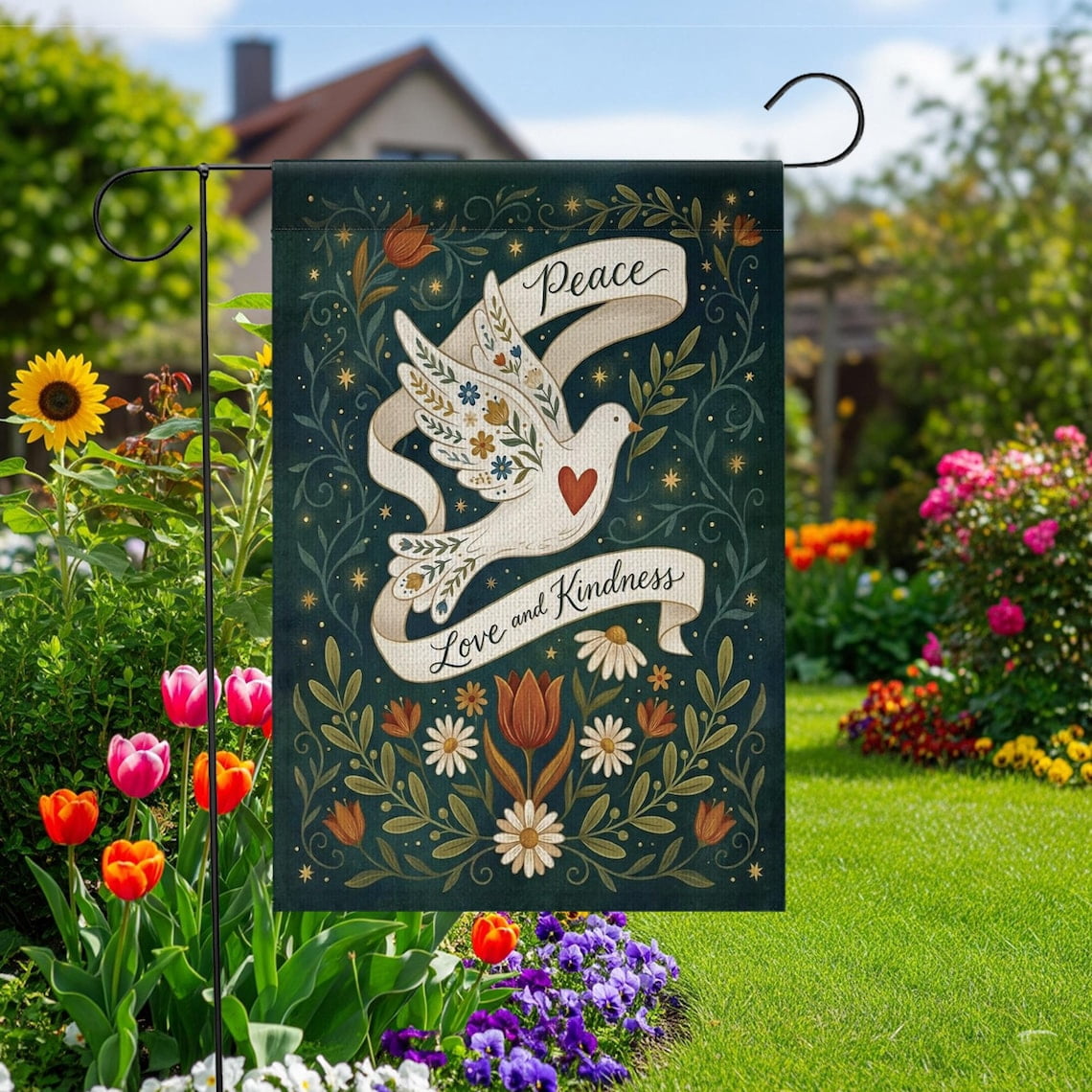 Garden Flag Folk Art Dove Floral Peace Love Design Seasonal Outdoor ...