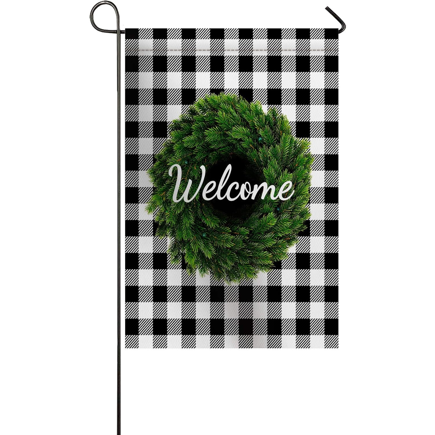 Garden Flag for Outside-Welcome Wreath Buffalo White and Black Plaid ...