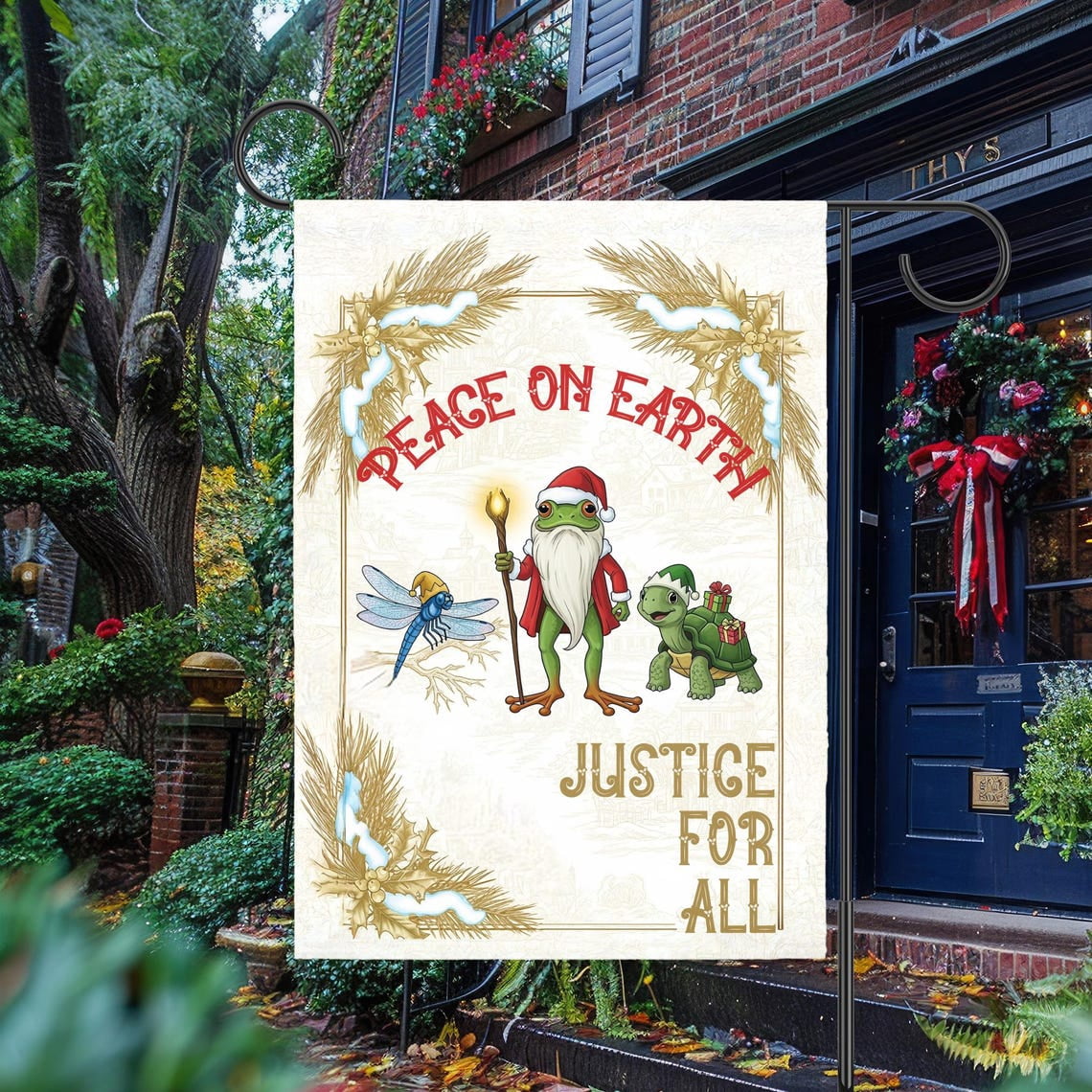 Garden Flag Peace On Earth Flag Winter Holiday with Justice for All and ...
