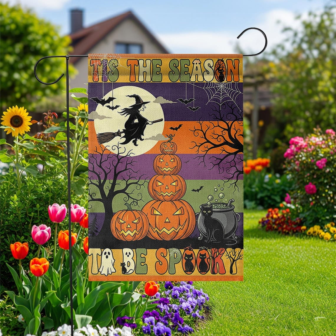 Garden Flag Pumpkin Stack Flag Witch Cat Spooky Outdoor Decoration ...