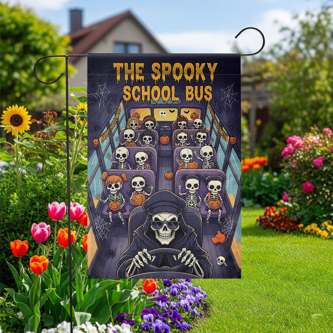 Garden Flag School Bus Flag Skeleton Haunted Spooky Outdoor Decoration ...