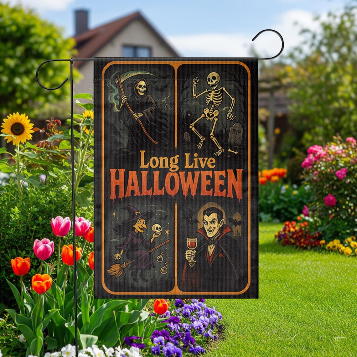 Garden Flag Skeleton Reaper Witch Flag Retro Spooky Outdoor Decoration ...