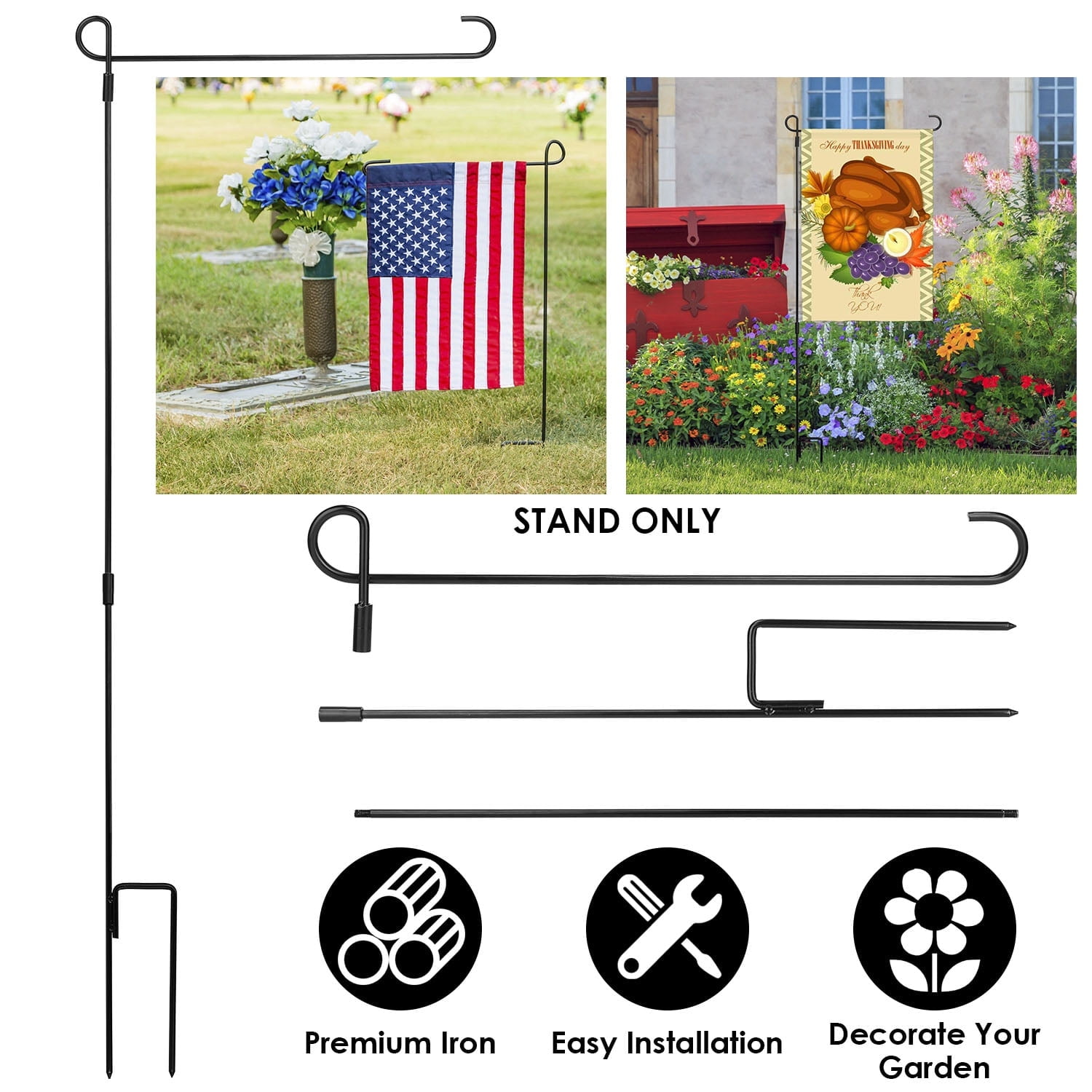 Garden Flag Stand Banner Flagpole TeqHome Black Iron Powder-Coated ...