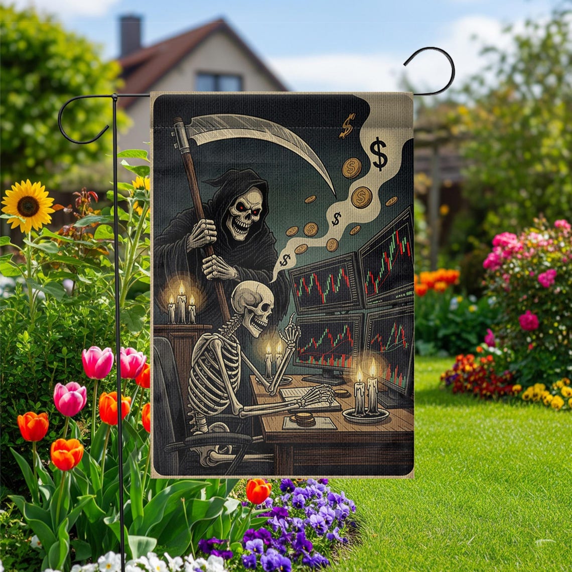 Garden Flag Stock Market Flag Skeleton Trader Reaper Spooky Outdoor ...