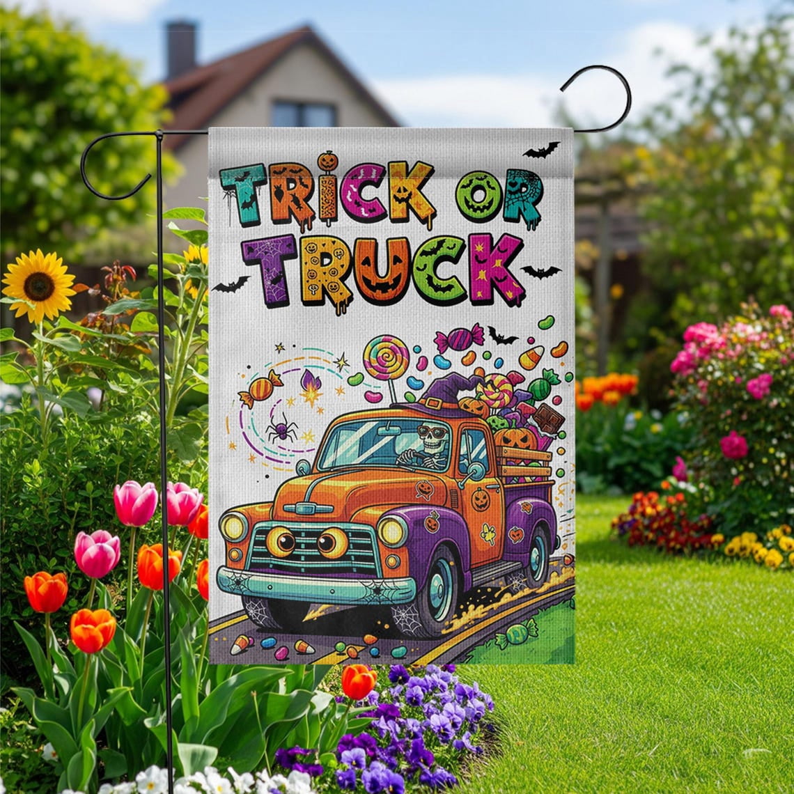 Garden Flag Truck Candy Flag Skeleton Driving Spooky Outdoor Decoration ...