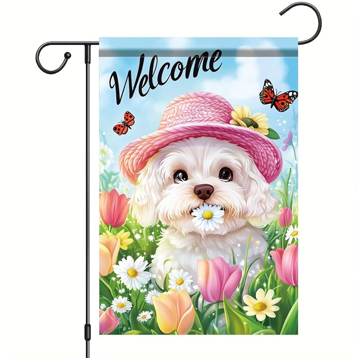 Garden Flag Welcome Maltese Dog Tulips Butterflies Daisy Flag Spring ...