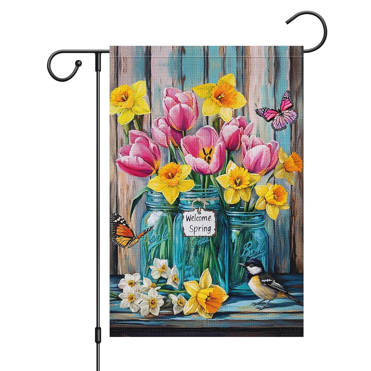 Garden Flag Welcome Spring Daffodil Tulip Butterfly Flag, Floral Vase ...