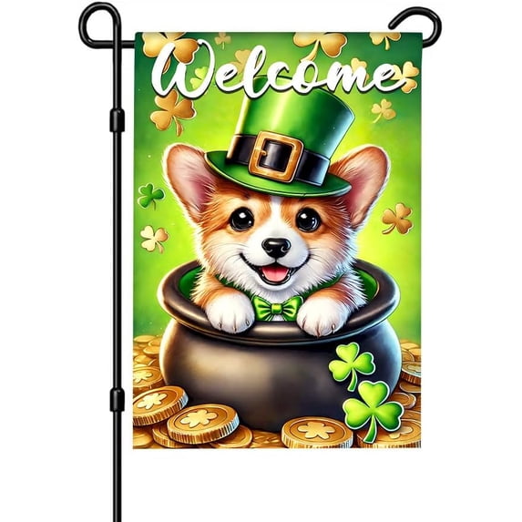 Garden Flag With Corgi Dog In Leprechaun Hat Sitting In Pot Of Gold ...