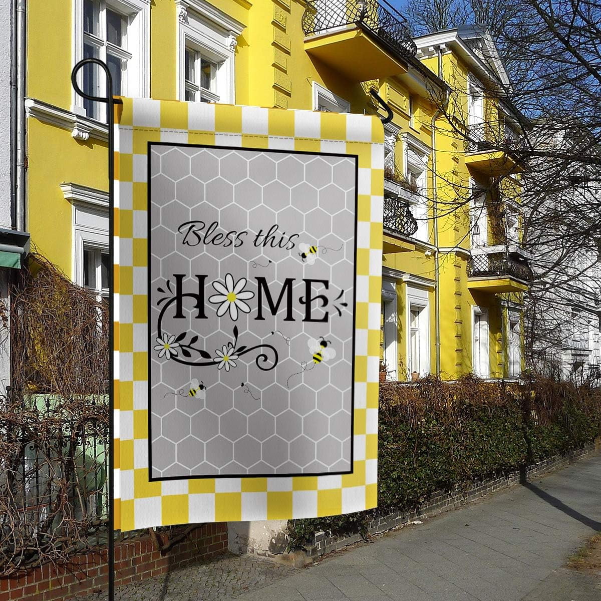 Garden Flags, Bless This Home Bee With Daisy On Yellow Buffalo Plaid ...