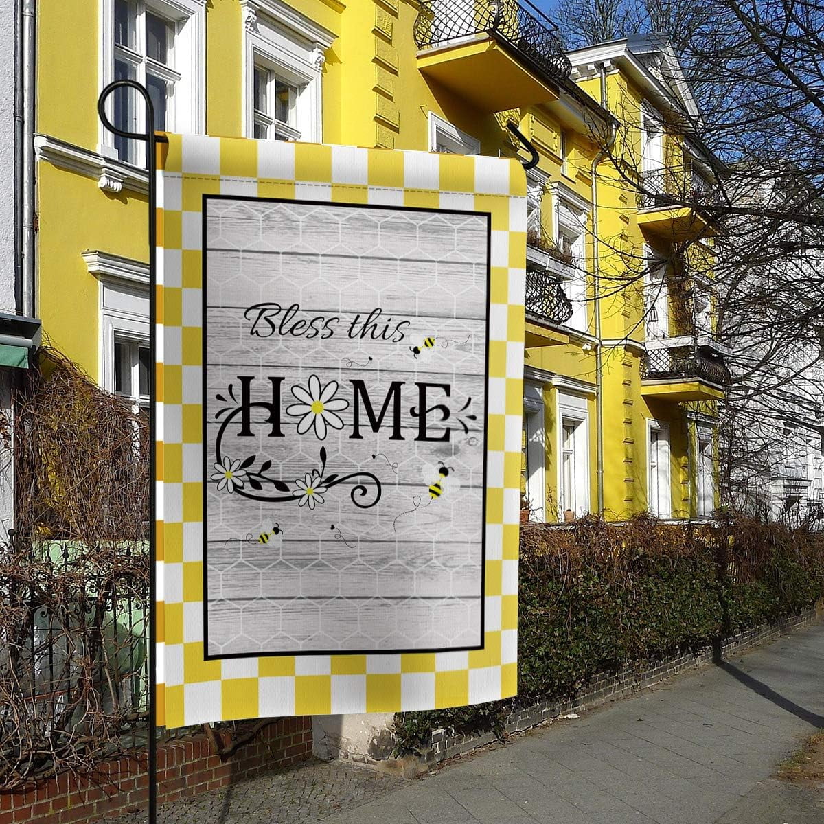 Garden Flags, Bless This Home Bee With Daisy Yellow Checkered Garden ...