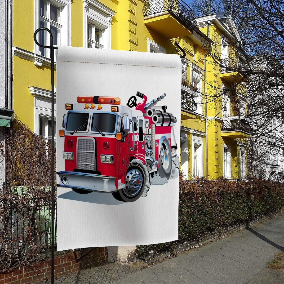 Garden Flags, Cartoon Fire Truck With Emergency Equipments Print Garden ...