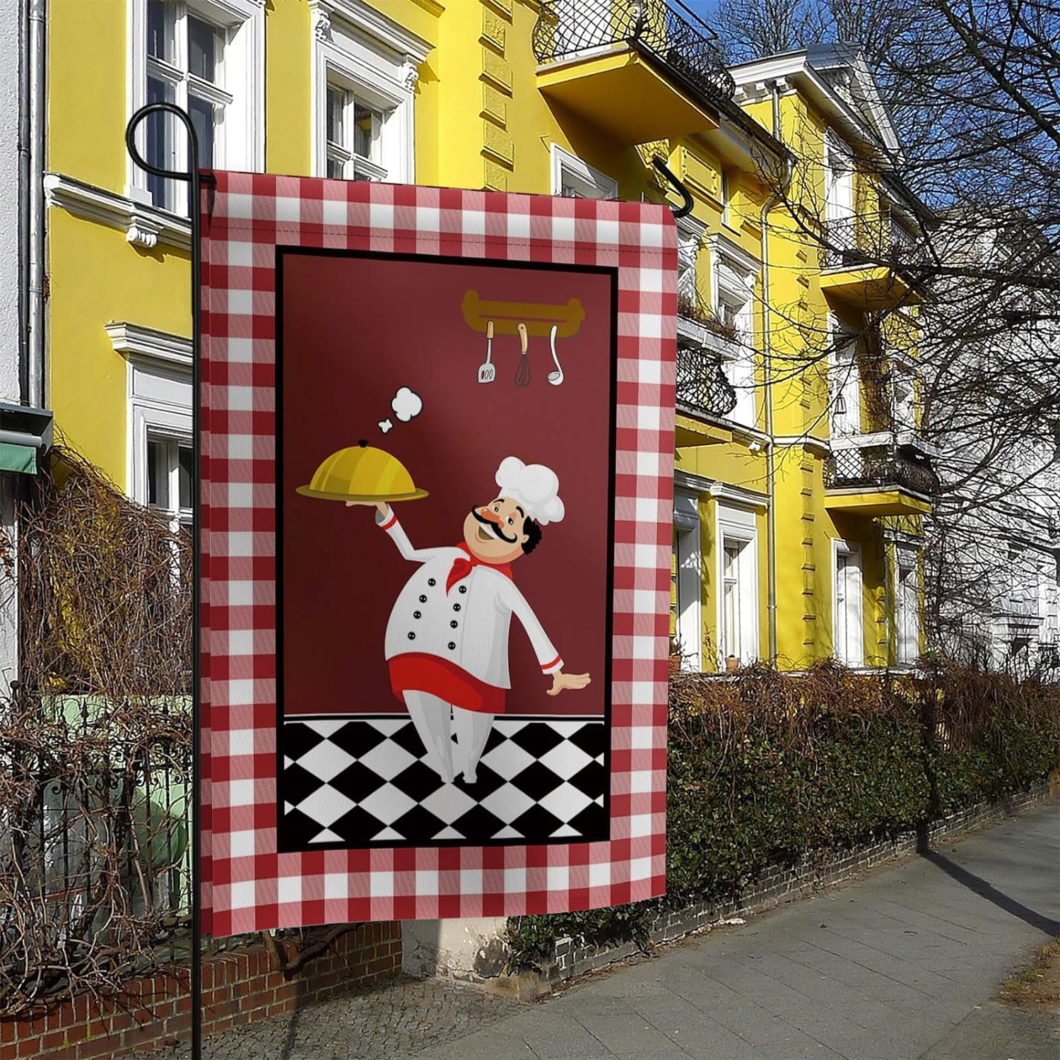 Garden Flags, Cheerful Fat Chef Red Black Buffalo Check Plaid Garden ...