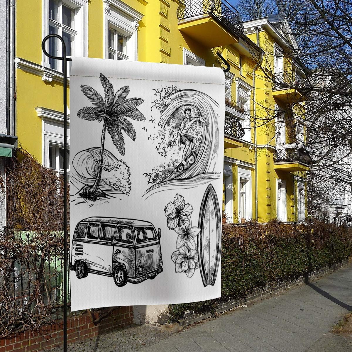 Garden Flags, Coastal Beach Camping Bus Palm Trees Surfboard Garden ...