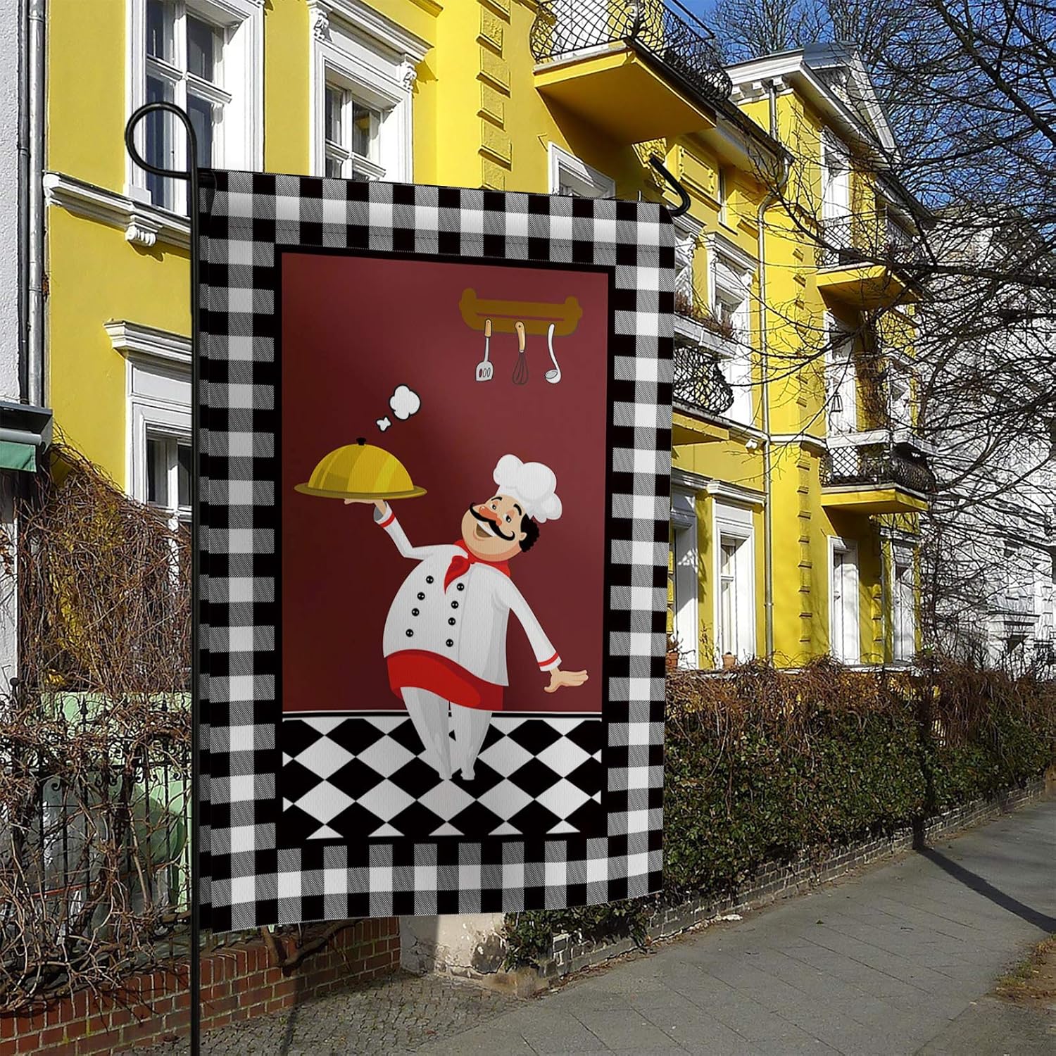 Garden Flags, Cute Chef Carrying Dishes On Black Grid Garden Flag, Yard ...