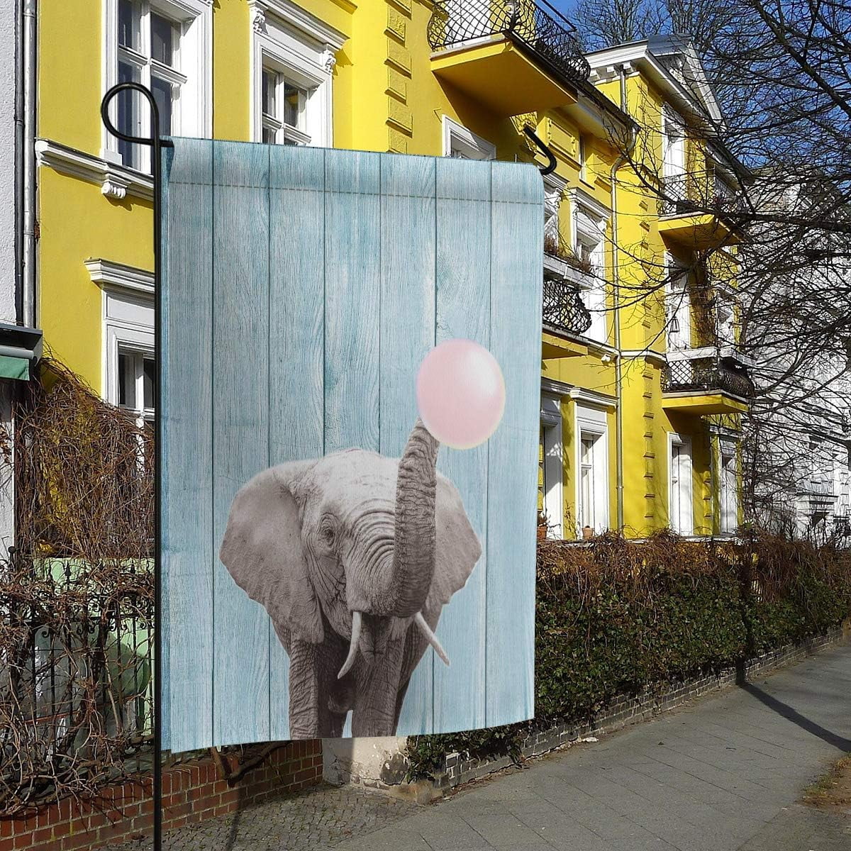 Garden Flags, Elephant Blowing Pink Bubbles On Blue Wood Garden Flag ...