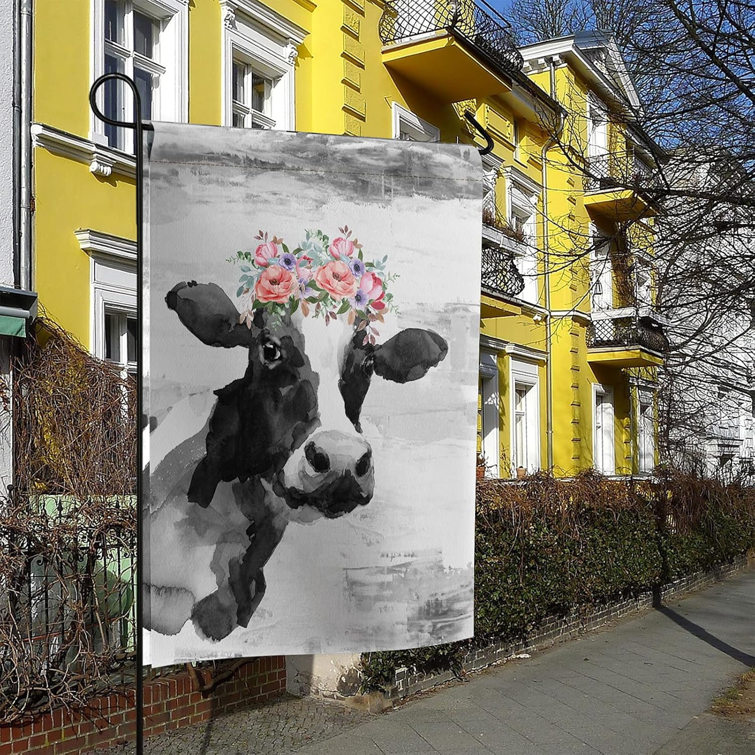 Garden Flags, Farm Oil Painting Cow With Pink Flowers Garden Flag, Yard ...